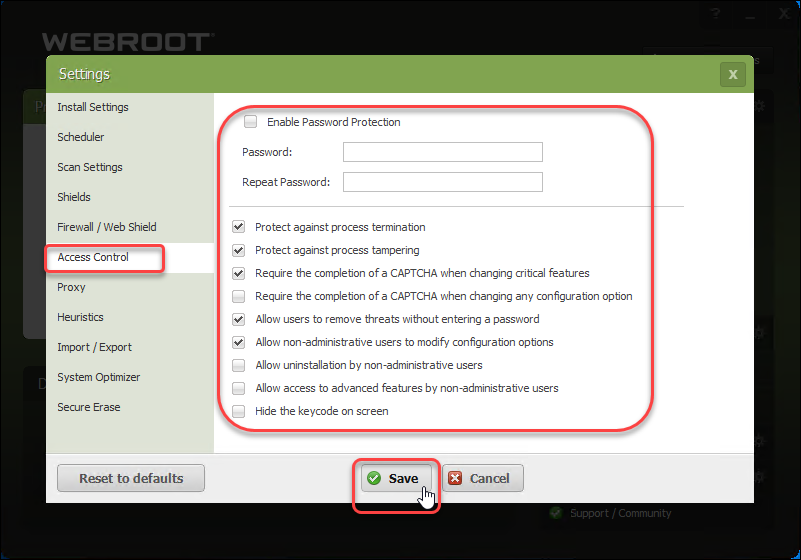 SecureAnywhere Setting access control